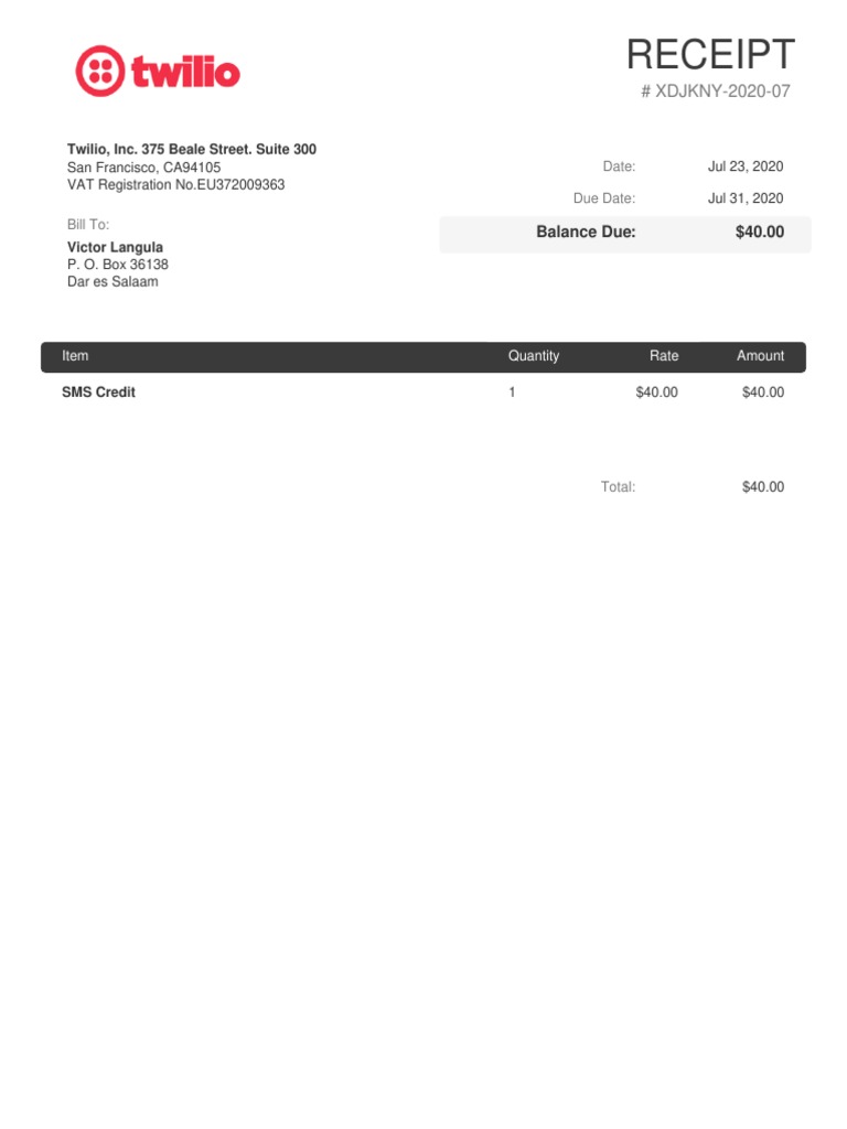 Twilio SMS Credit Receipt $40 | PDF