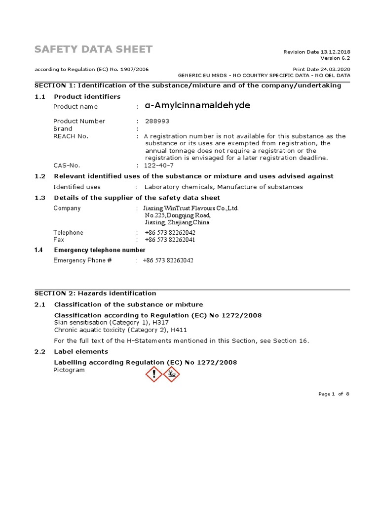 MSDS of Alpha Amyl Cinnamic Aldehyde | PDF | Dangerous Goods | Toxicity