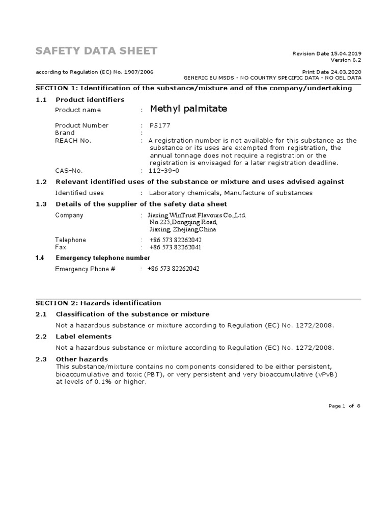 MSDS of Methyl Palmitate | Download Free PDF | Toxicity | Safety