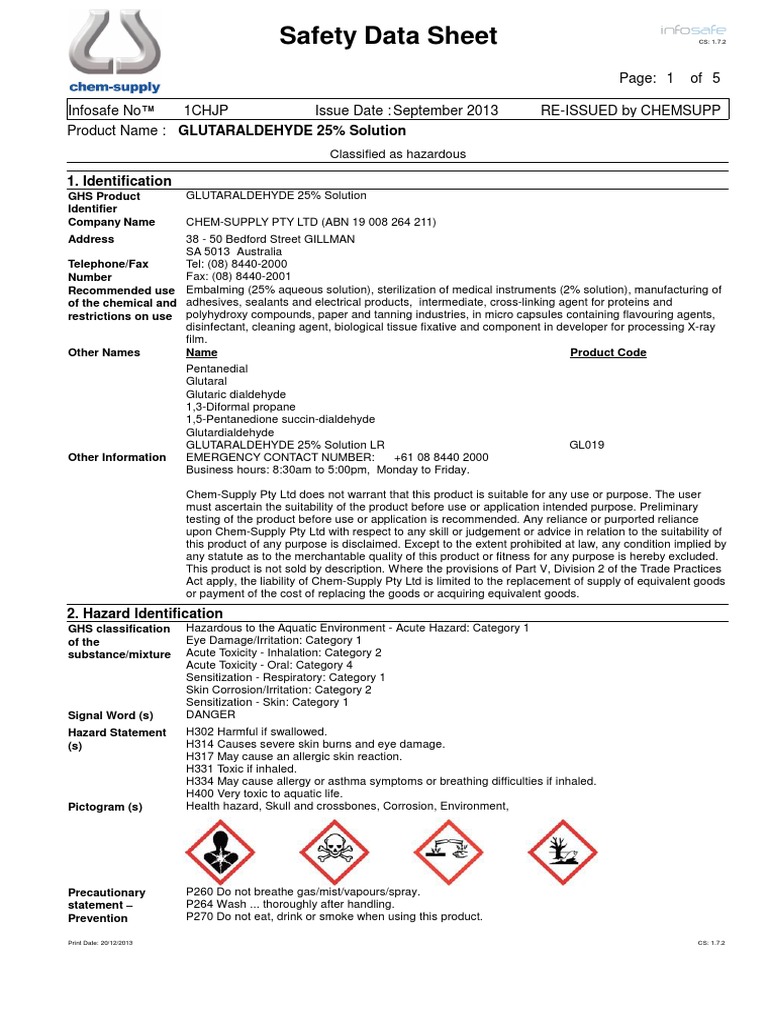 MSDS - Glutaraldehyde 25 | PDF | Dangerous Goods | Toxicity