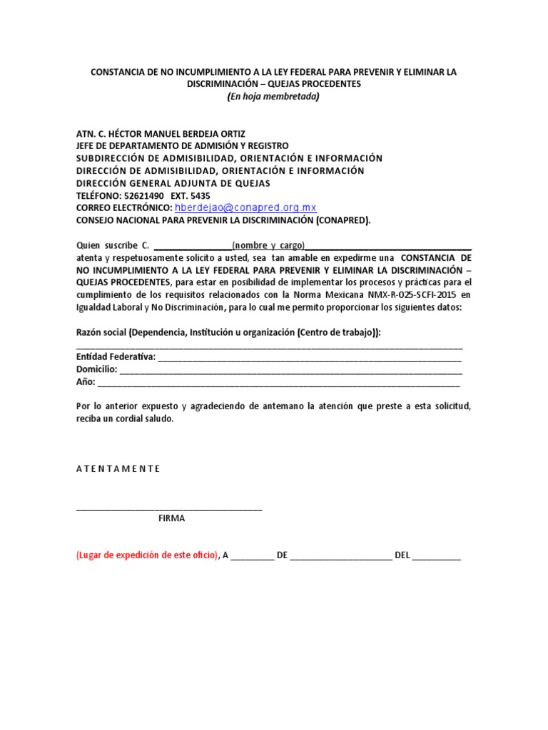 Constancia-De-No-Incumplimiento A La Lfped-Conapred1 | PDF