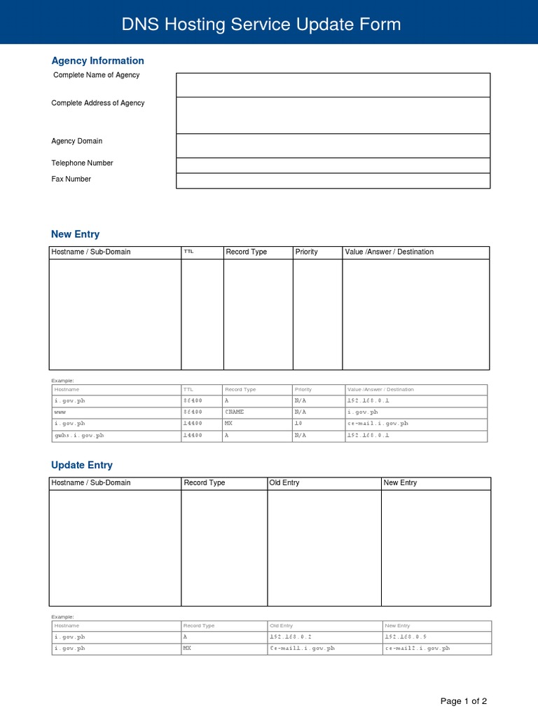 DNS Hosting Service Update Form: Agency Information | Download Free PDF ...
