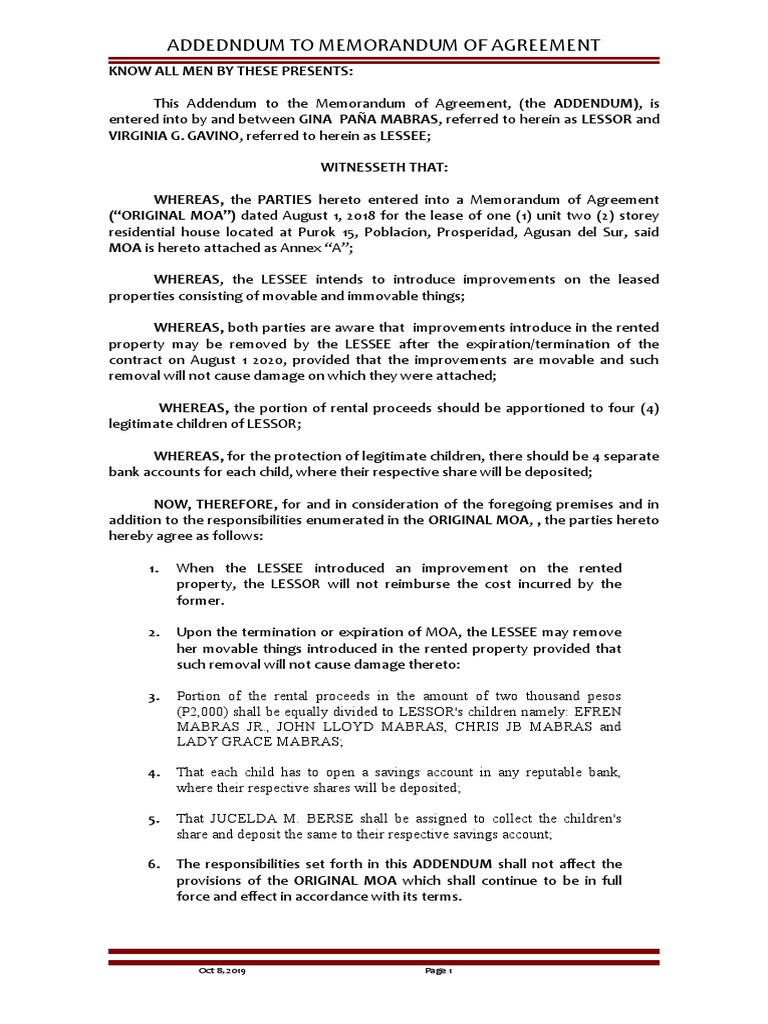 Addendum To MOA Carry Gavino | PDF | Natural Resources Law | Lease