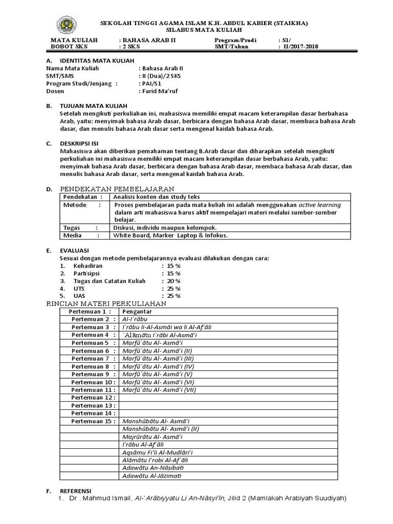 Silabus Bahasa Arab II | PDF