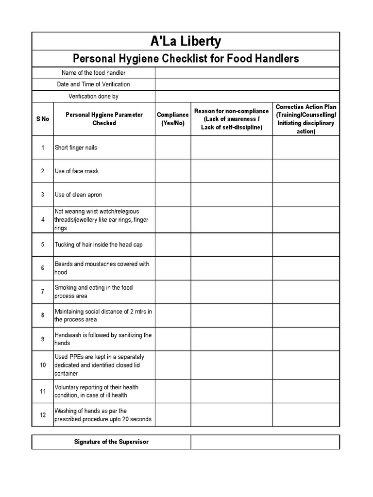 Personal Hygiene Checklist for Food Handlers | PDF