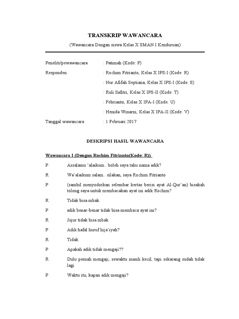 Contoh Transkrip Wawancara Siswa | PDF