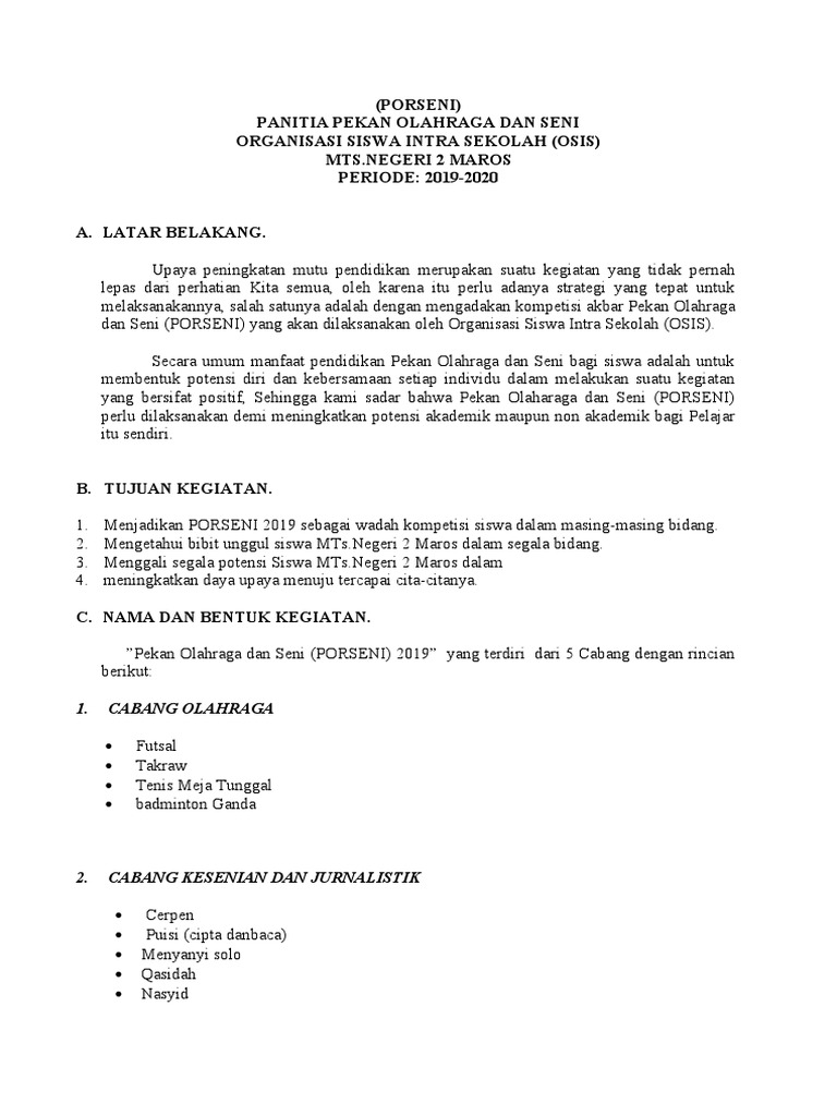 PROPOSAL - PELAKSANAAN - PORSENI - TINGKAT - MTS.N 2 Maros | PDF