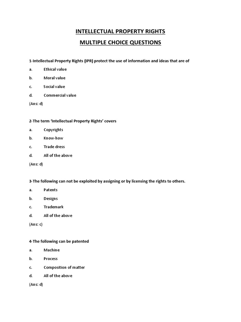Intellectual Property Rights Multiple Choice Questions | PDF | Prior ...