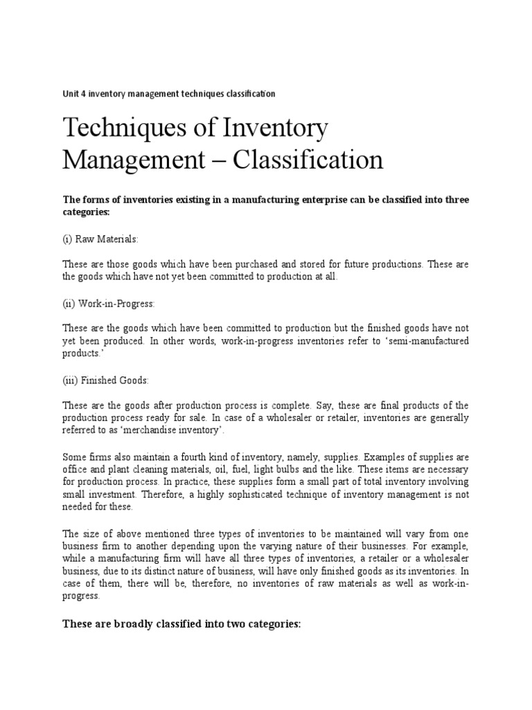Unit 4 WCM Inventory Management Techniques Classification | PDF | Inventory | Retail