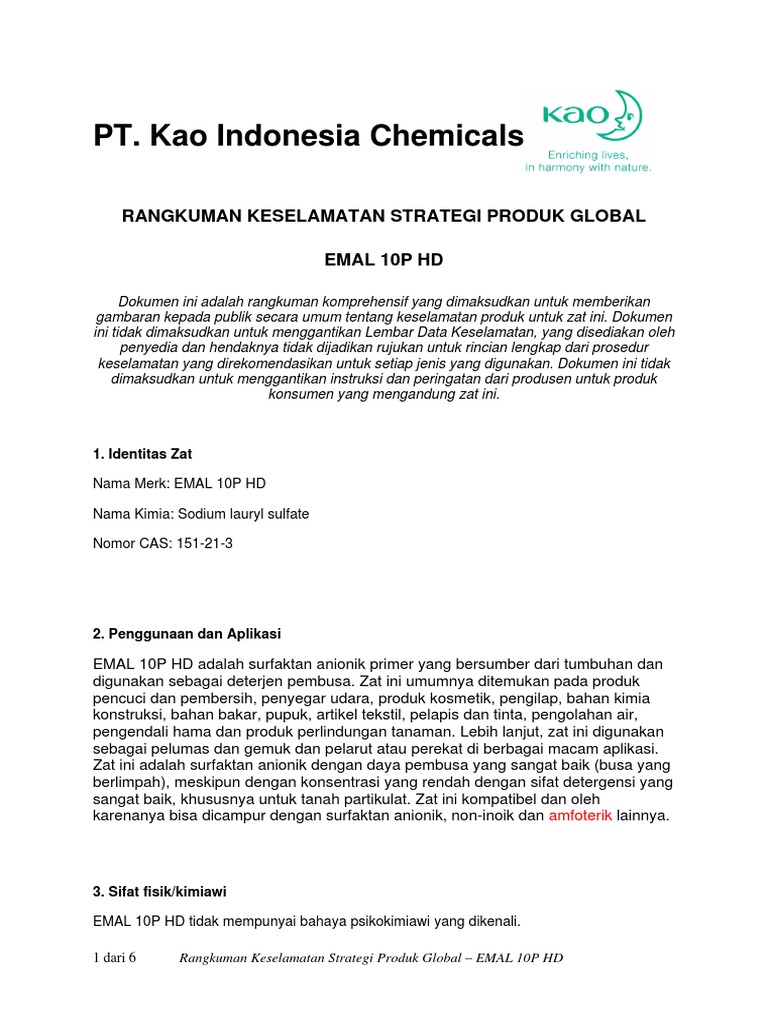 PT. Kao Indonesia Chemicals: Rangkuman Keselamatan Strategi Produk Global Emal 10P HD | PDF