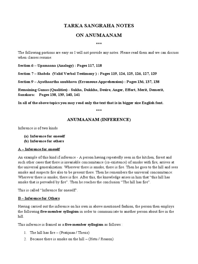 Tarka Sangraha Notes On Anumaanam | PDF | Inference | Philosophical ...