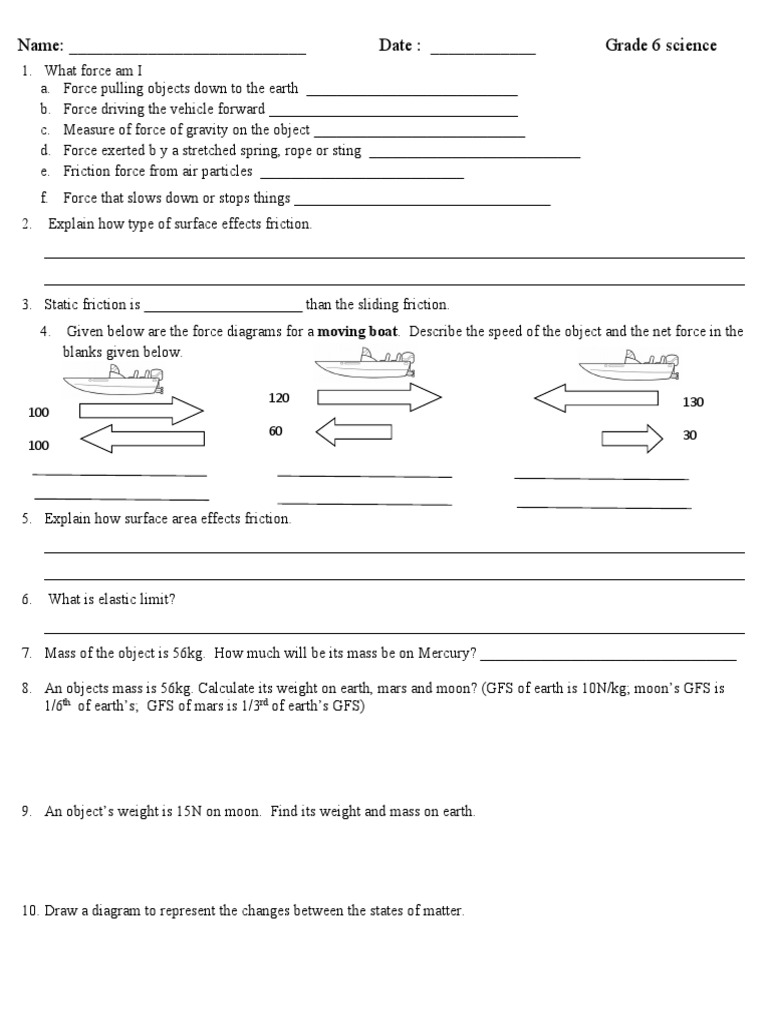 Grade 6 Friction and Force Worksheet | PDF | Friction | Force