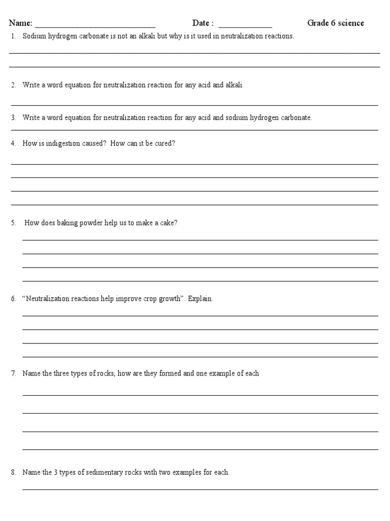 Grade 6 Science Worksheet | PDF | Fossil | Chemical Reactions