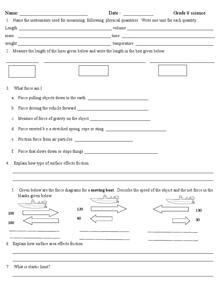 Grade 6 Science: Forces and Friction Worksheet | PDF | Force | Friction