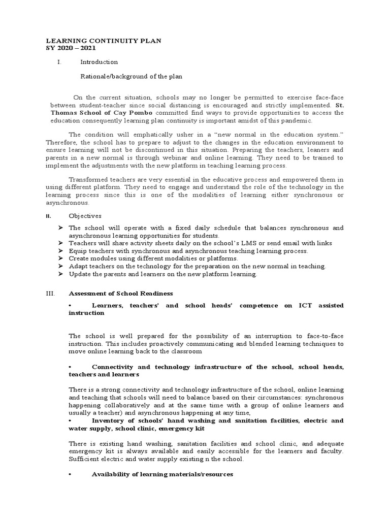 Learning Continuity Plan | PDF | Educational Technology | Schools