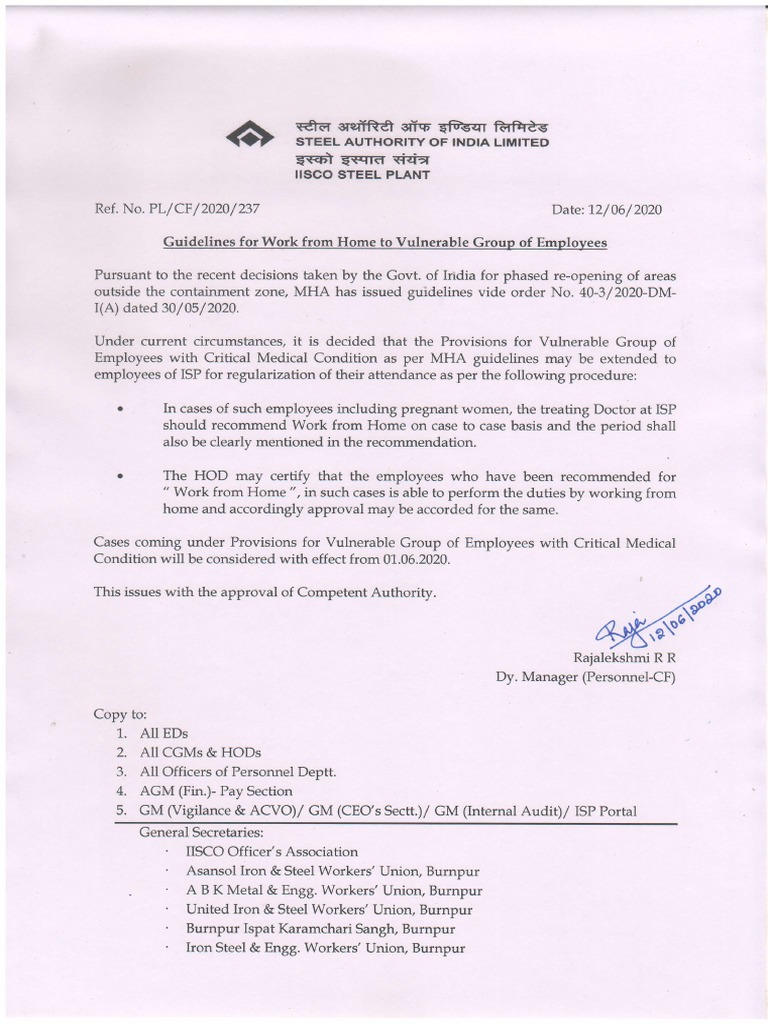 Guidelines For Work From Home To Vulnerable Group of Employees 12 Jun ...