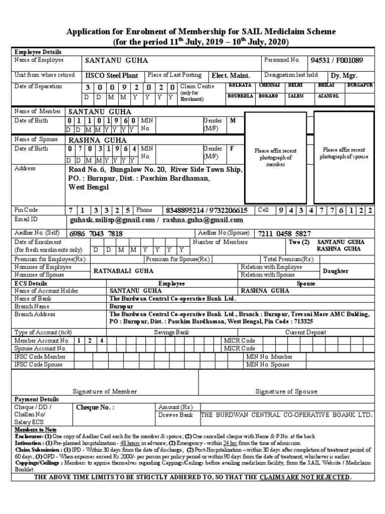 SAIL Mediclaim Enrollment Form | PDF | Cheque | Financial Services