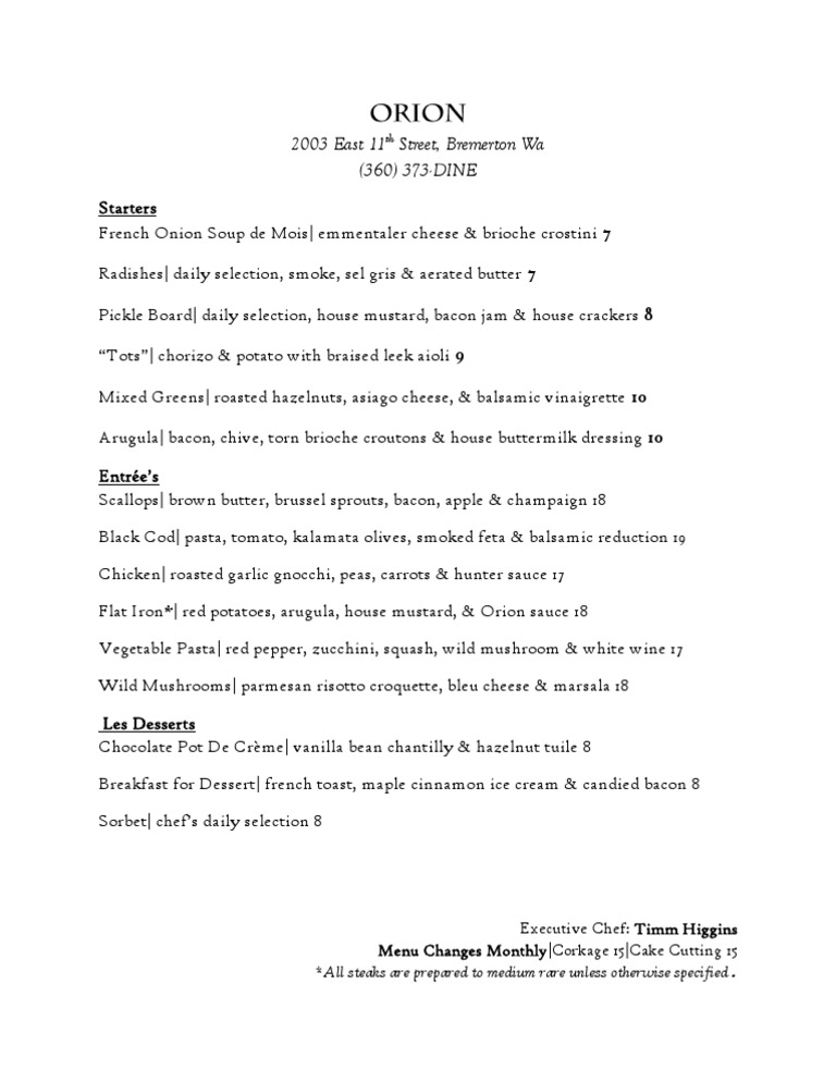 Orion Restaurant Menu Highlights | PDF