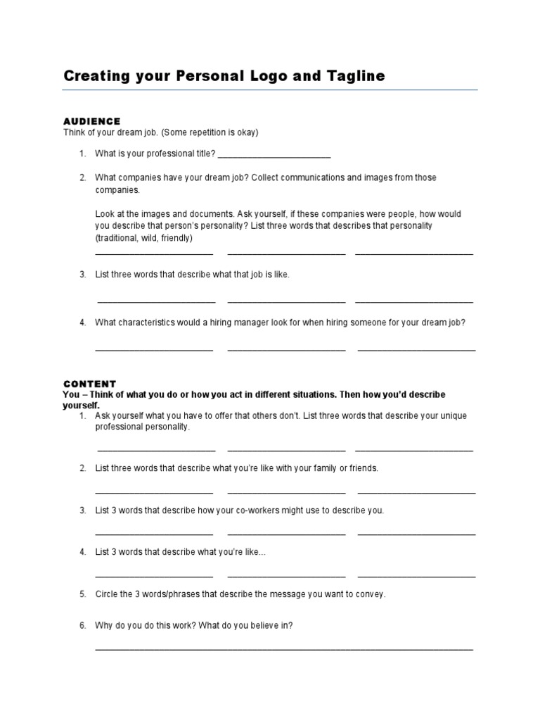 Creating Your Personal Tagline Worksheet | PDF | Communication | Semiotics