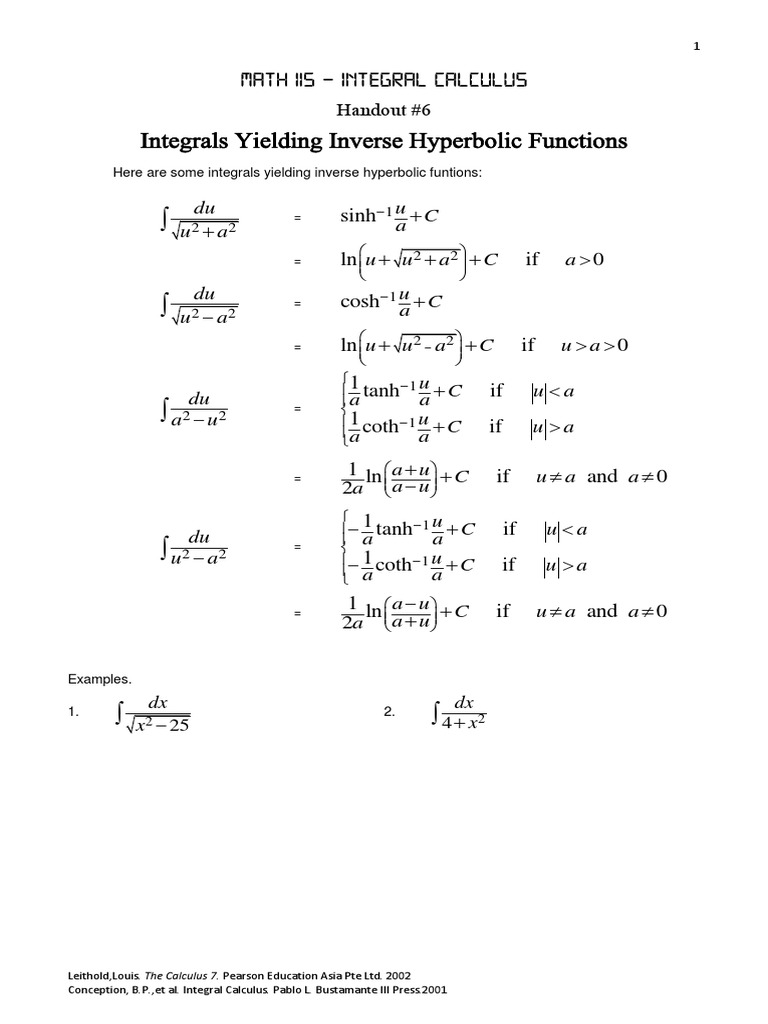 Integrals Yielding Inverse Hyperbolic Functions PDF PDF Hyperbolic