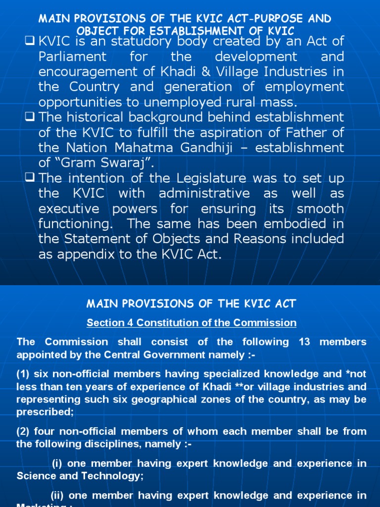 Main Provisions of The Kvic Act-Purpose and Object For Establishment of ...