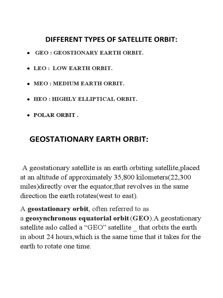 Different Types of Satellite Orbit | PDF