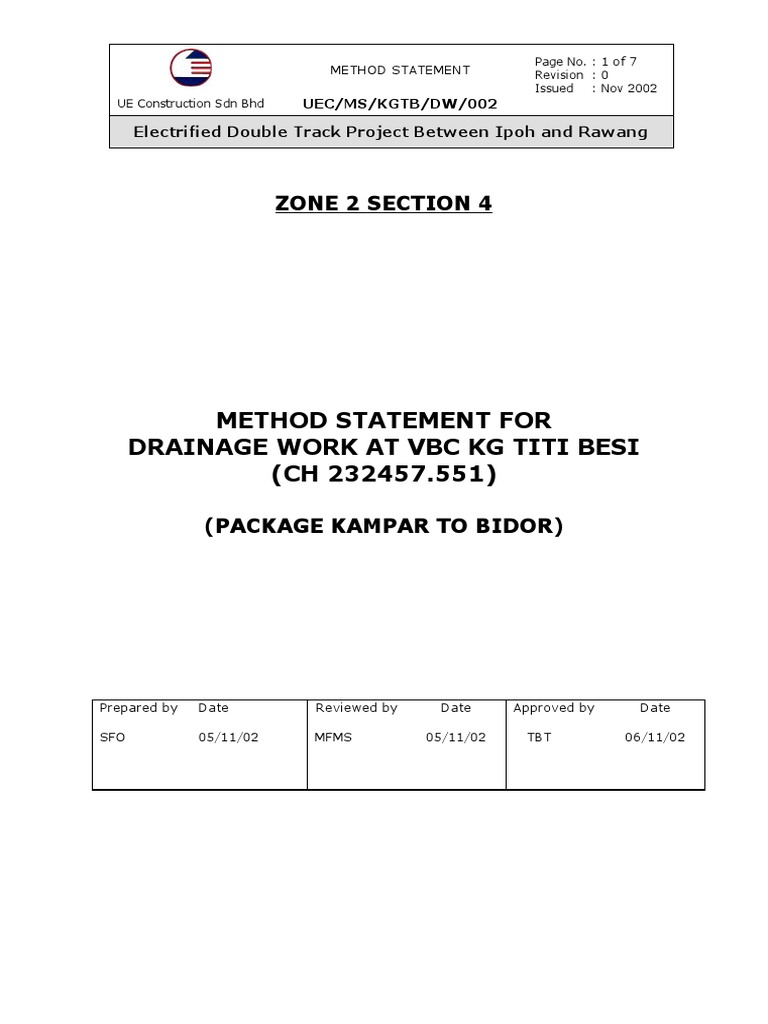 Method Statement For Drainage Work at VBC KG Titi Besi (CH 232457.551 ...