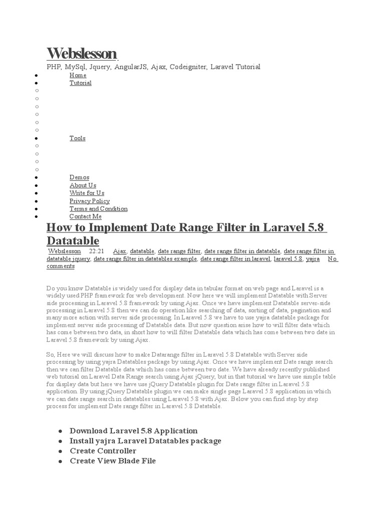 Webslesson: How To Implement Date Range Filter in Laravel 5.8 Datatable | PDF | Ajax ...