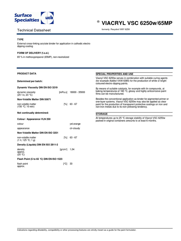 VIACRYL VSC 6250w/65MP: Technical Datasheet | PDF | Paint | Industrial Processes