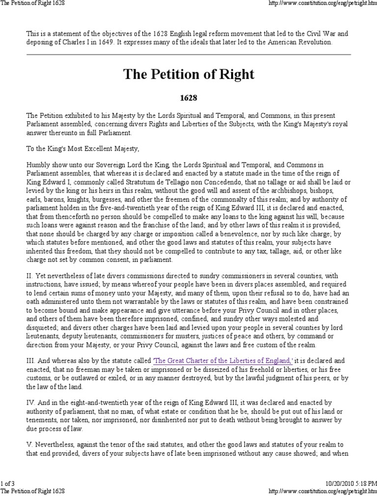 The Petition of Right 1628 | PDF | Parliament | Law Of The Land