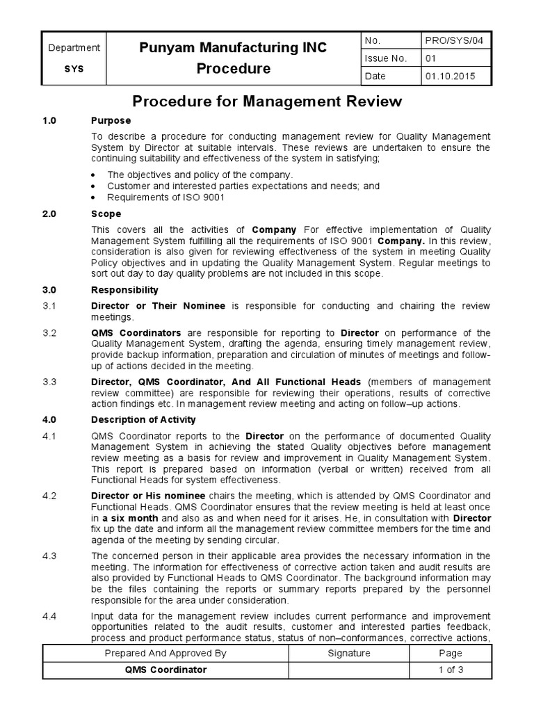 Procedure For Management Review | PDF | Quality Management System | Iso ...