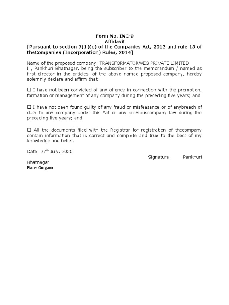 Form No. Inc-9 Affidavit (Pursuant To Section 7 (1) (C) of The ...