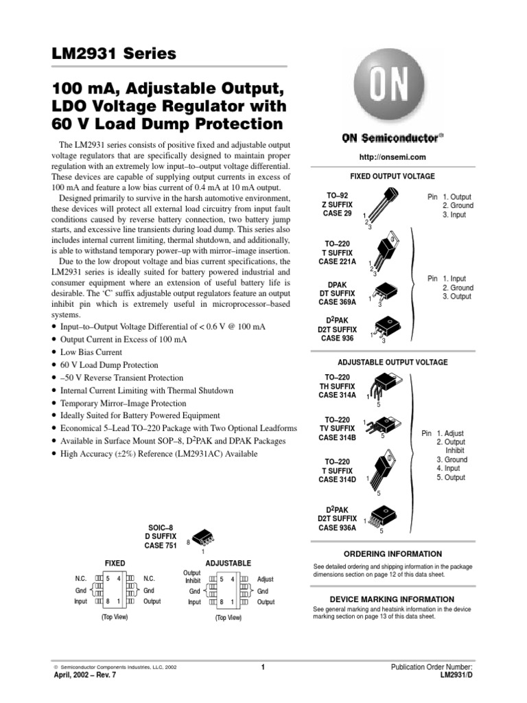 LM2931 Series 100 Ma, Adjustable Output, LDO Voltage Regulator With 60 ...