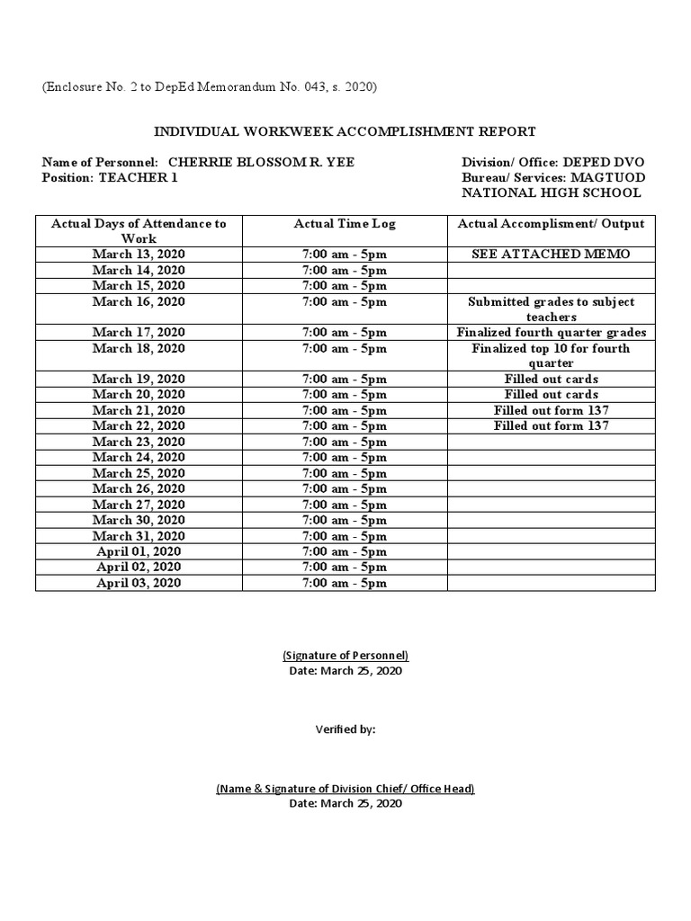 Individual Workweek Accomplishment Report | PDF