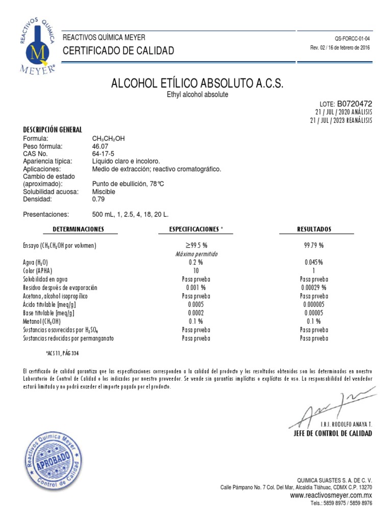 Alcohol Etílico Absoluto A.C.S. B0720472 | PDF | Alcohol | Compuestos ...