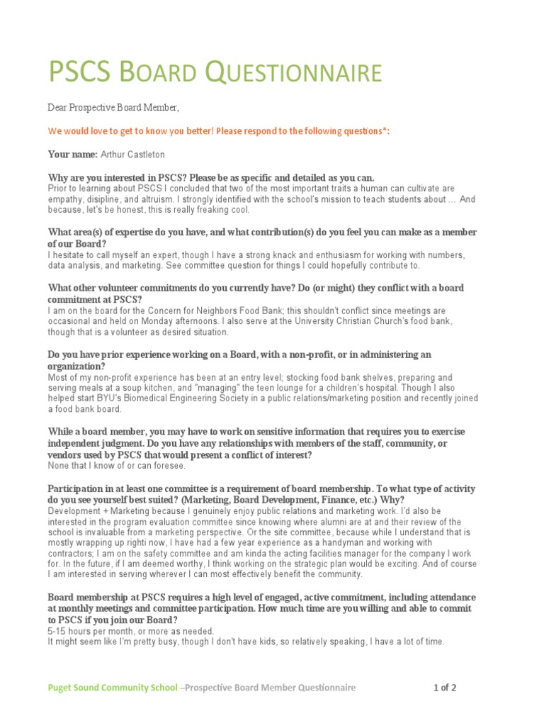 Prospective Board Member Questionnaire | Download Free PDF | Board Of ...