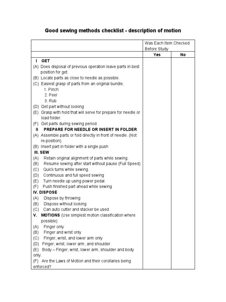 Good Sewing Methods Checklist | PDF