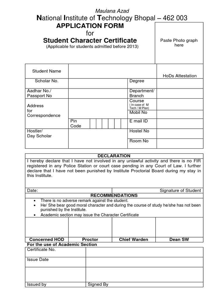 Application Form Student Character Certificate: Ational Nstitute of ...