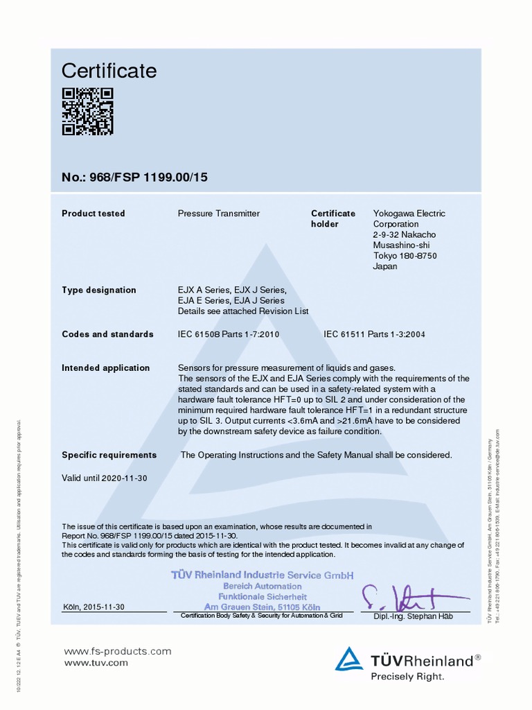 CERT TRANSMISOR DIFERENCIAL MODELO EJA-E - EJX-A - TUV - SIL ...