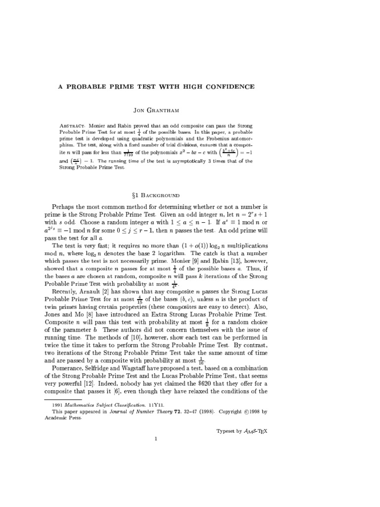 Grantham J. - A Probable Prime Test With High Confidence (1998) | PDF ...