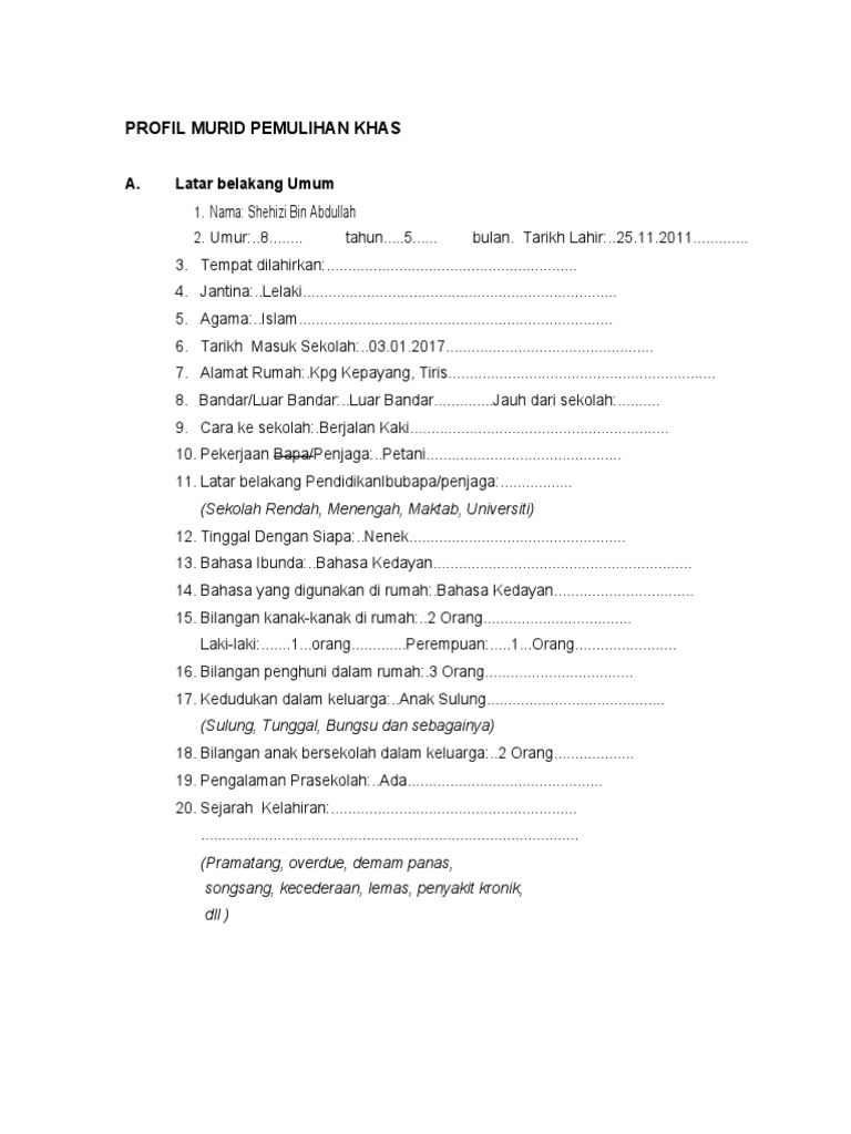 PROFIL MURID PEMULIHAN KHAS Shehizi | PDF