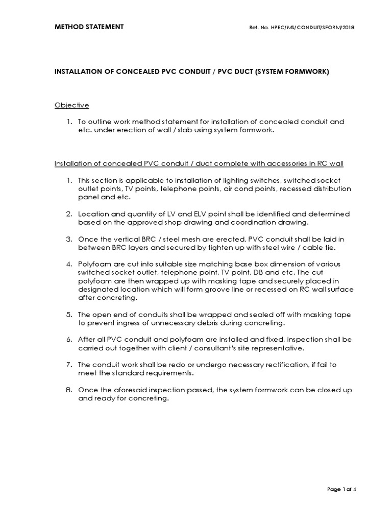 Method Statement - Concealed Conduit | PDF | Duct (Flow) | Components
