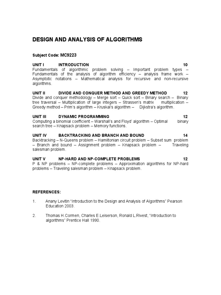 Design and Analysis of Algorithms Syllabus | PDF