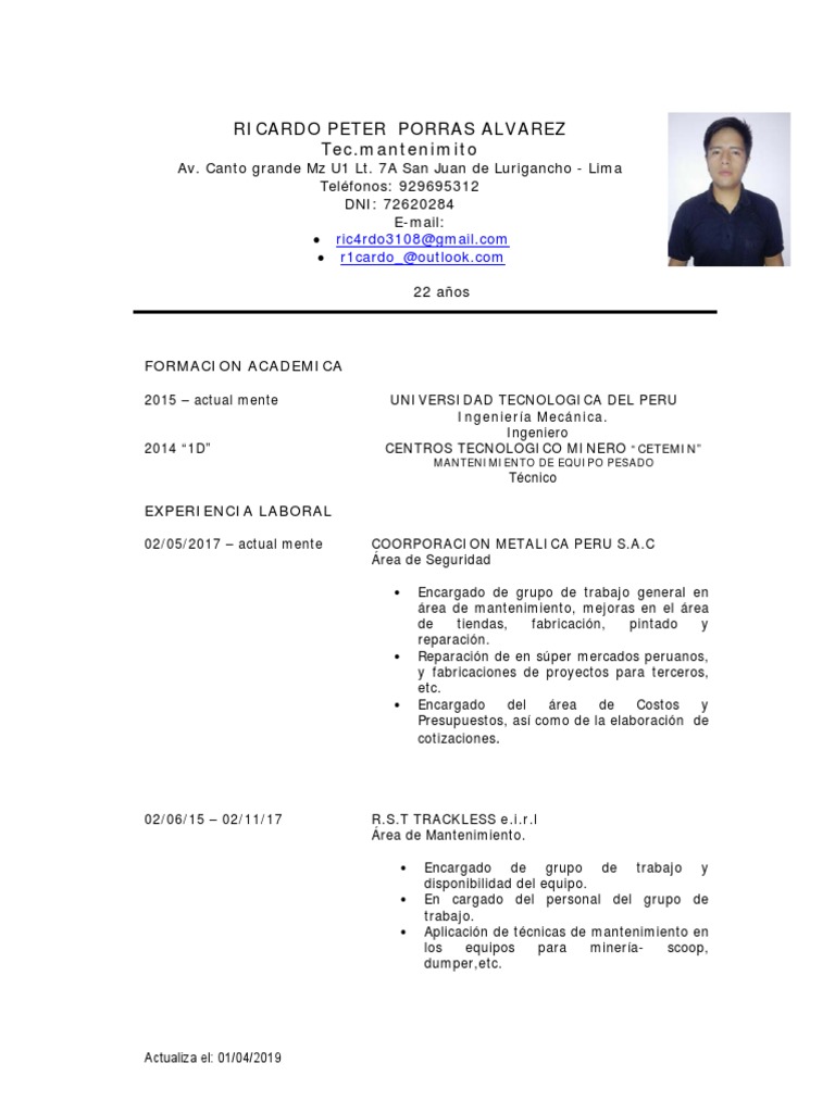 CV de Ricardo Porras: Ingeniero Mecánico | PDF | Informática ...