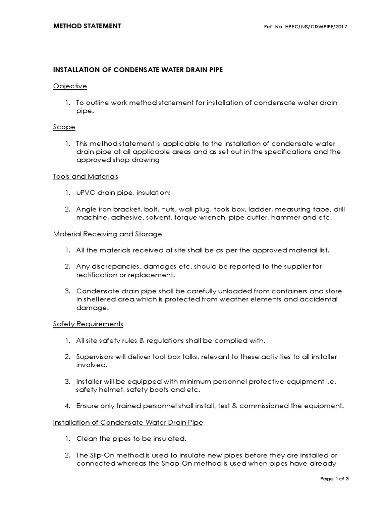 Method Statement - Condensate Drain Pipe | PDF | Pipe (Fluid Conveyance) | Equipment