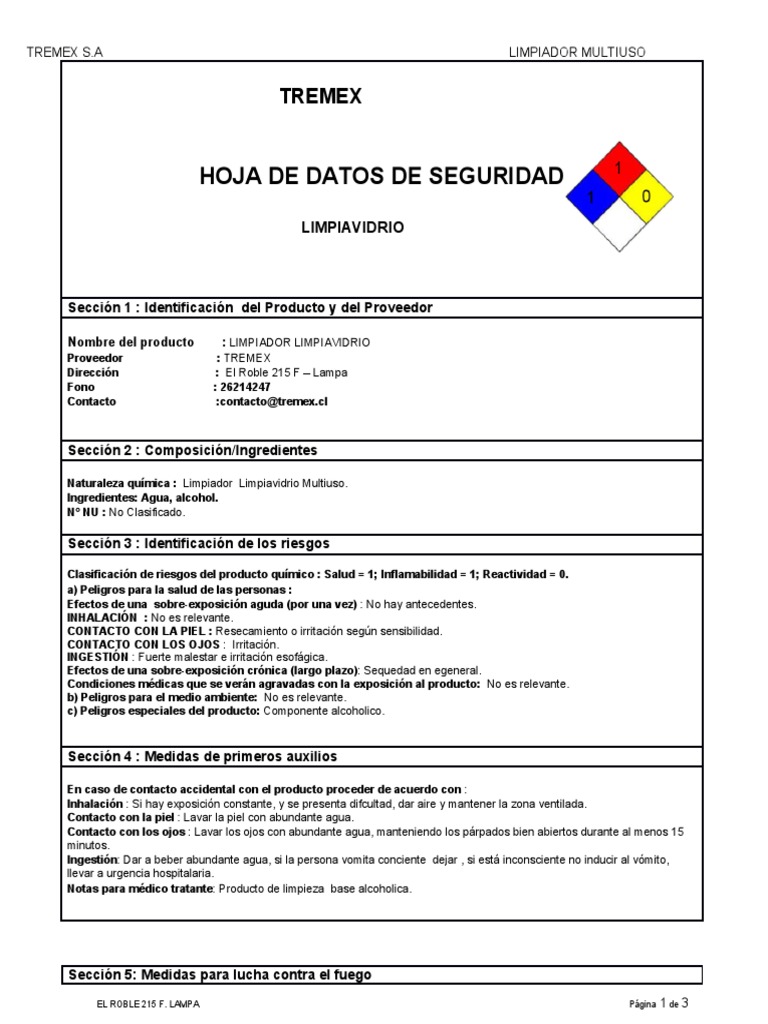 Hoja de Datos de Seguridad: Tremex | Descargar gratis PDF | Solubilidad | Agua