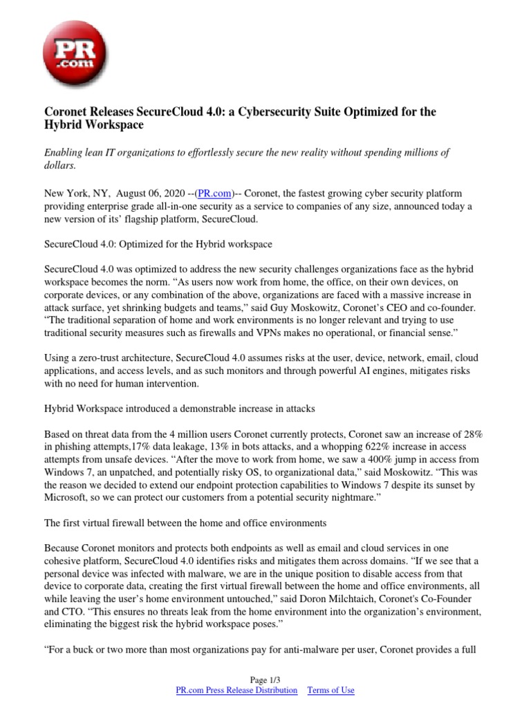Coronet Releases SecureCloud 4.0: A Cybersecurity Suite Optimized For The Hybrid Workspace | PDF ...