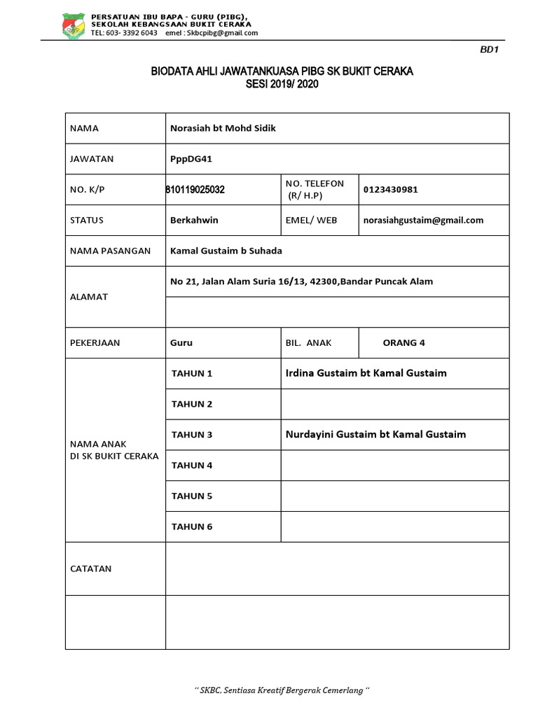 Biodata Jawatankuasa PIBG SK Bukit Ceraka | PDF