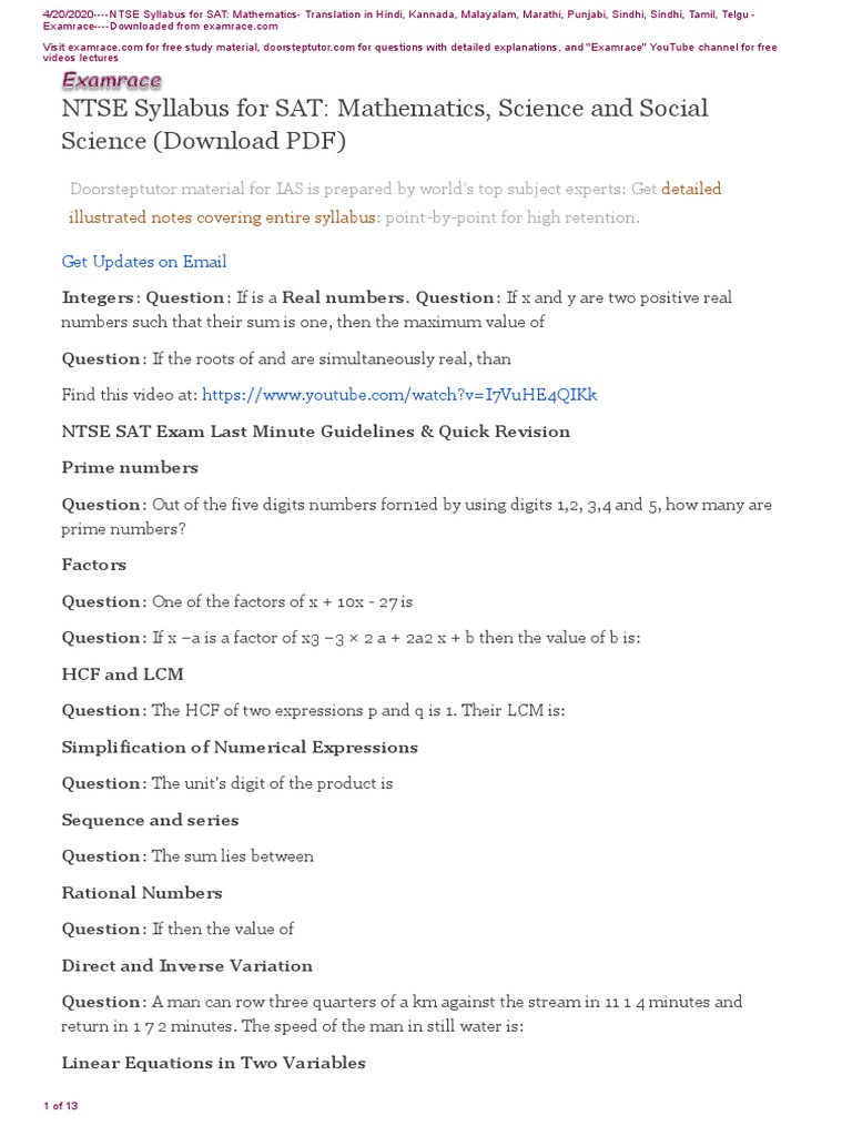 NTSE Syllabus For SAT Mathematics PDF | PDF | Area | Force