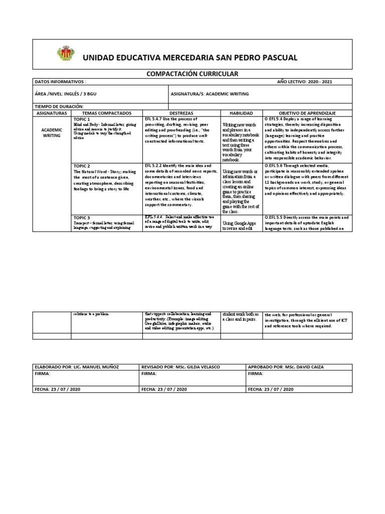 Compactacion Curricular. 2020 3 Bgu - Manuel | PDF | Behavior Modification | Learning